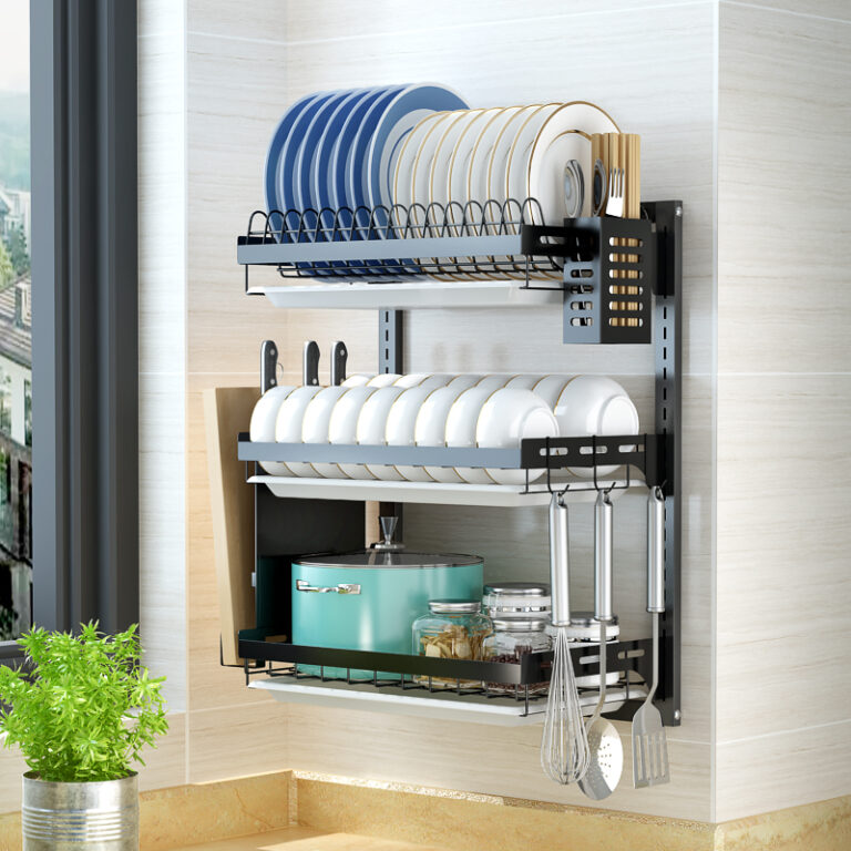 WALL MOUNT HEAVY DISH RACK, 3 LAYER KITCHEN DISH RACK WITH SPOON, KNIFE ...
