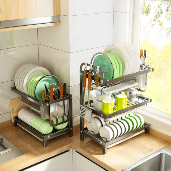 2 LAYER KITCHEN DISH RACK WITH UTENSIL AND CUTTING BOARD HOLDER