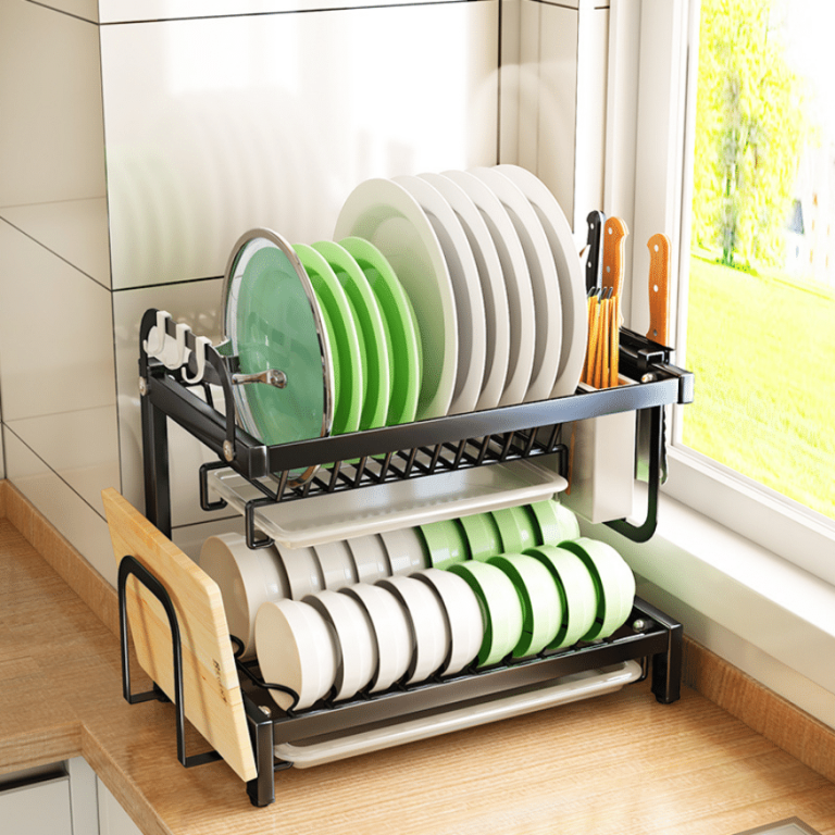 2 LAYER KITCHEN DISH RACK WITH UTENSIL AND CUTTING BOARD HOLDER