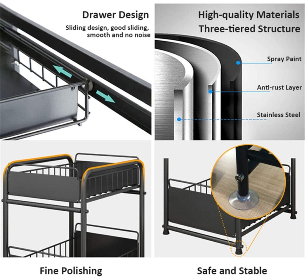 2 LAYER DRAWER PULL OUT RACK, UNDER CUPBOARD RACK, 2 TIER DRAWER ...