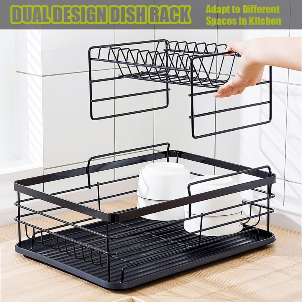 2 TIER DISH RACK, COUNTERTOP TWO LAYER DISH RACK, DISH DRAIN DRYING ...