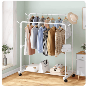 DOUBLE POLE CLOTH RACK WITH HOOKS AND BOTTOM SINGLE LAYER STORAGE CLOTH ...