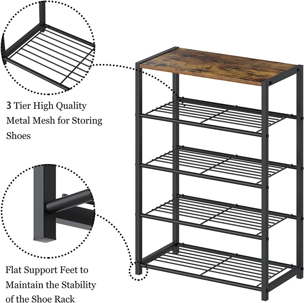5 TIER SHOE RACK , STURDY TOP WOODEN BASE AND BLACK METAL FRAME ,GRID ...