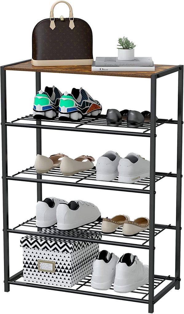 5 TIER SHOE RACK , STURDY TOP WOODEN BASE AND BLACK METAL FRAME ,GRID ...