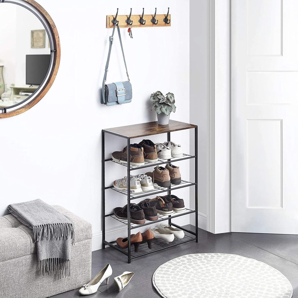 5 TIER SHOE RACK , STURDY TOP WOODEN BASE AND BLACK METAL FRAME ,GRID ...