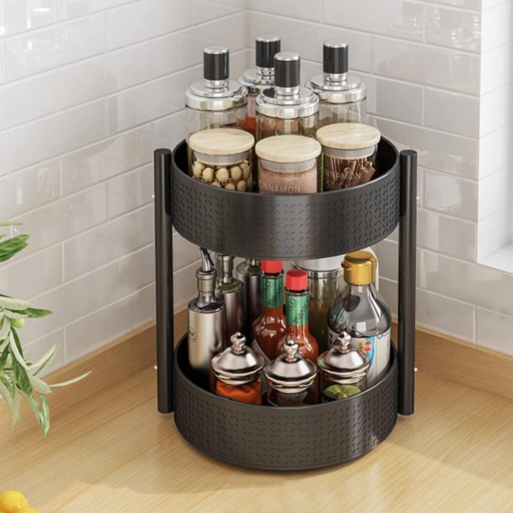 2 TIER TURNTABLE ROTATING SPICE RACK, STAINLESS STEEL RACK, FOR KITCHEN ...