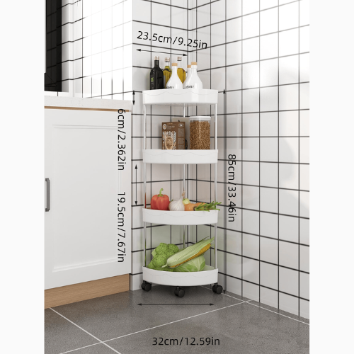 4 TIER CORNER SHELF STORAGE CART, UTILITY ROTATABLE STORAGE TROLLEY ...