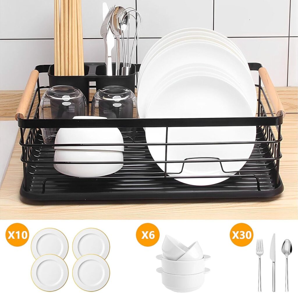 MODERN DISH DRYING RACK, WOODEN HANDLE DISH RACK, CHOPSTICK HOLDER AND ...