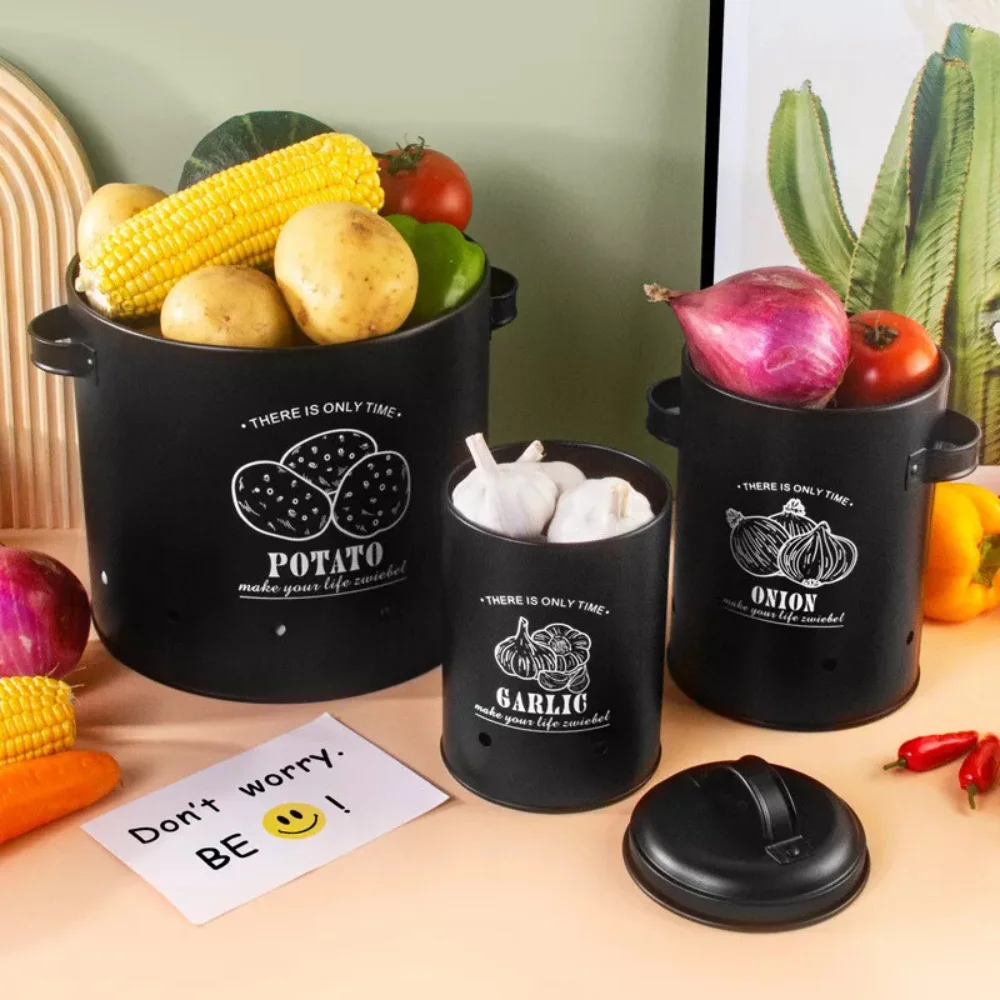 3PCS BLACK METAL KITCHEN STORAGE BINS FOR POTATOES