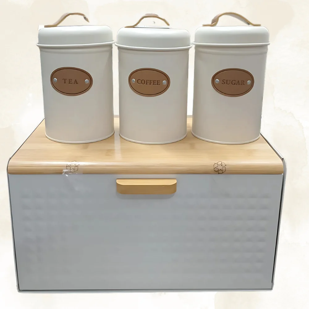 4-Piece White Bread Box Set with Sugar, Tea & Coffee Containers ...
