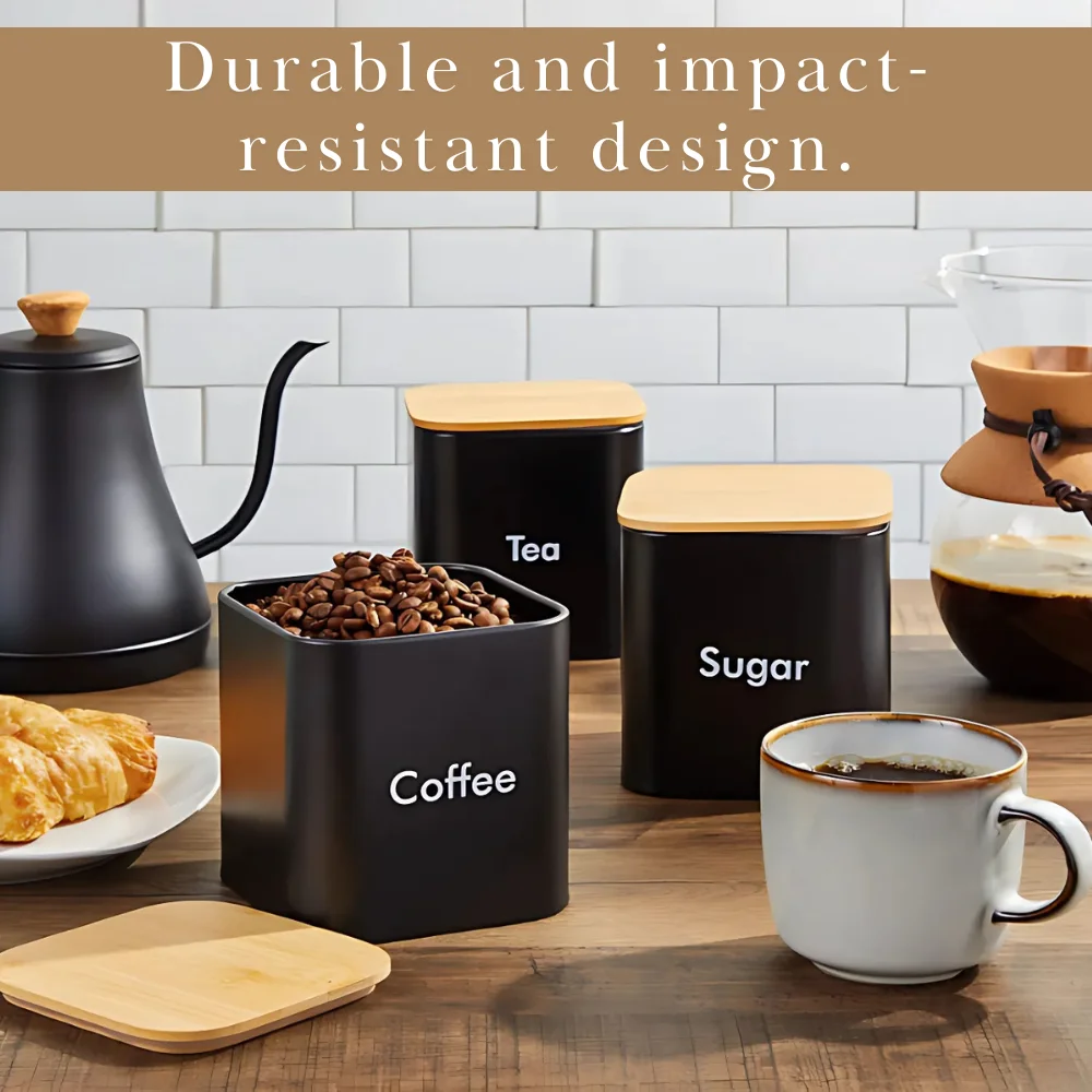 Black Metal Kitchen Storage Canisters – Tea, Coffee, Sugar & Biscuit ...