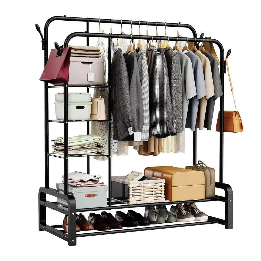 Heavy-Duty Metal Garment Rack with Shelves & Hanging Rods for Clothing ...