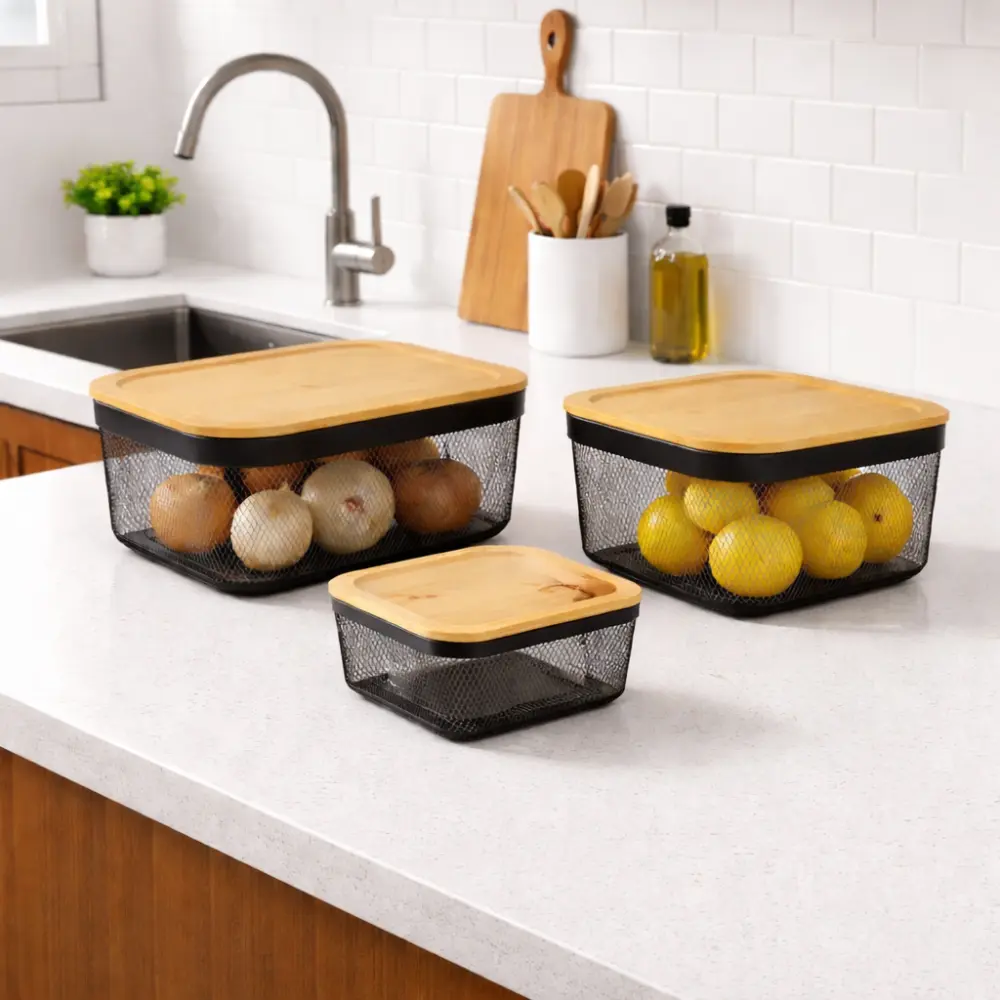 Metal Storage Basket with Wooden Lid | Black | racks.lk